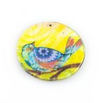 Paper print wood pendant flat disc bird design - Beads and Pieces